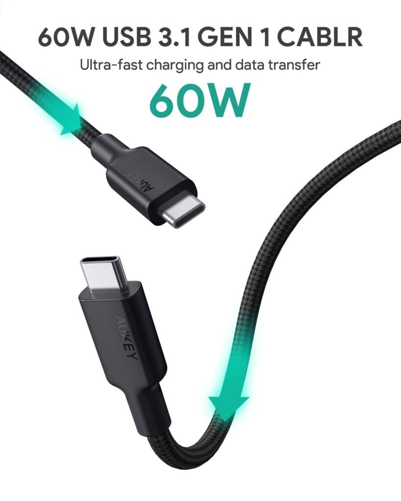 AUKEY CB-CD20 BK Braided Nylon 2m USB 3.1 Gen1 USBC to USB C 60W ...